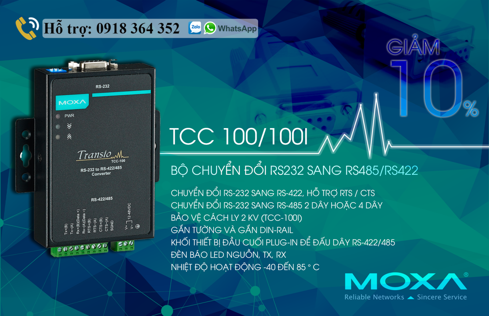 TCC-100I - Bộ chuyển đổi tín hiệu RS232 sang RS422/485 - Cách ly Quang học - Moxa Việt Nam ...